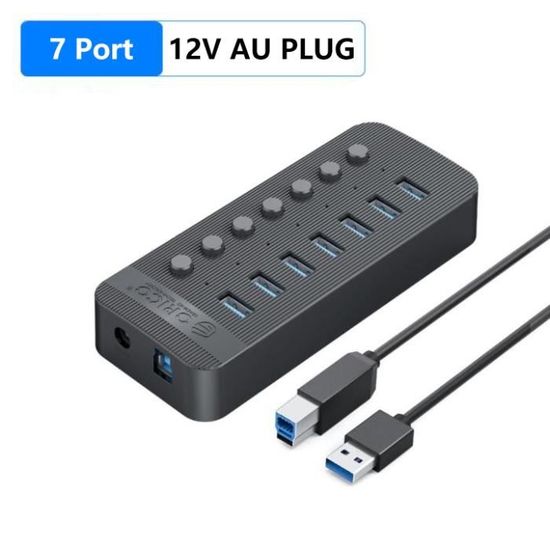 Noir 7 ports AU - répartiteur HUB industriel USB 3.0, OTG, interrupteur ...