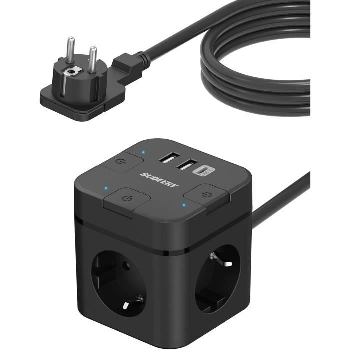 Cube multiprise avec USB C, 3 prises Fiche plate avec interrupteur ...