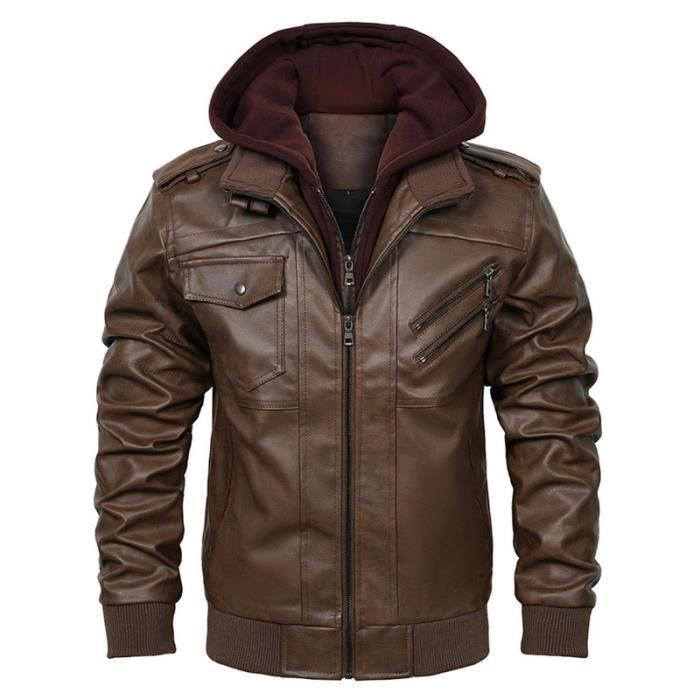 Veste en Cuir Homme à Capuche Multi-poche Mi-saison Couleur unie Veste ...