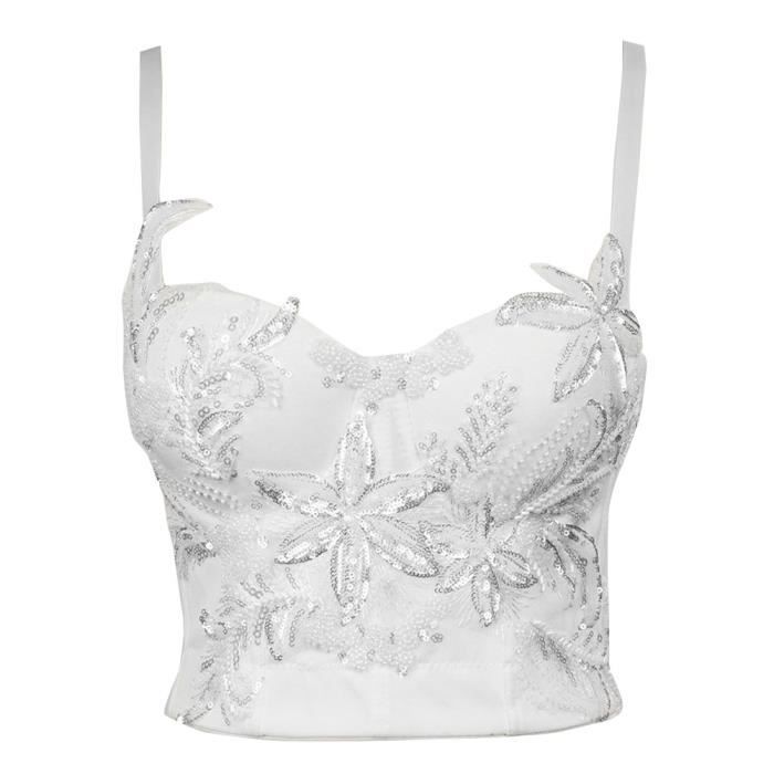 Femmes Strap Corset Camisole Bustier Haut court Dos nu perlées Floral ...