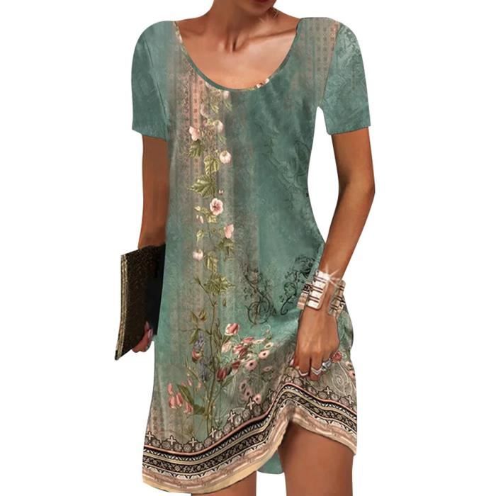 ROBE O-cou à manches courtes Mini robe femmes imprimé fleuri robe ample ...