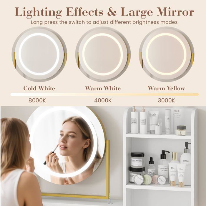Coiffeuse Moderne avec Miroir LED & 3 Modes Lumineux –2 Tiroirs, 3 ...