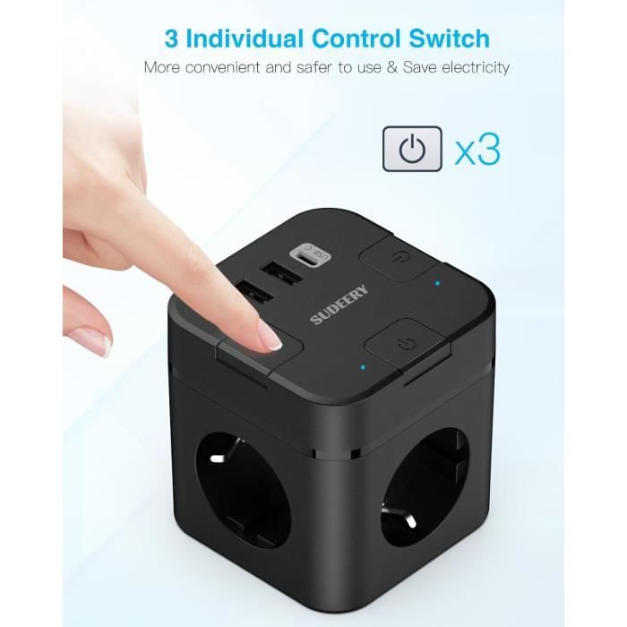 Cube multiprise avec USB C, 3 prises Fiche plate avec interrupteur ...