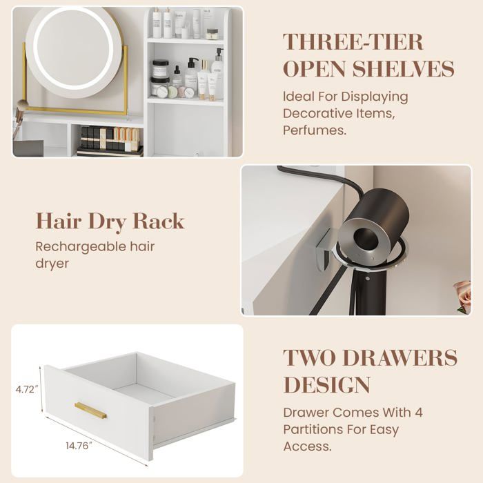 Coiffeuse Moderne avec Miroir LED & 3 Modes Lumineux –2 Tiroirs, 3 ...