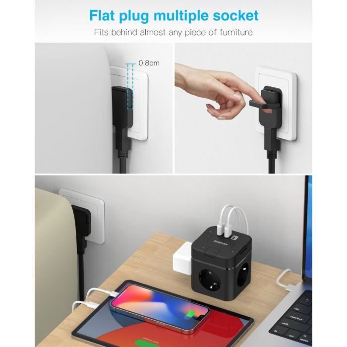 Cube multiprise avec USB C, 3 prises Fiche plate avec interrupteur ...