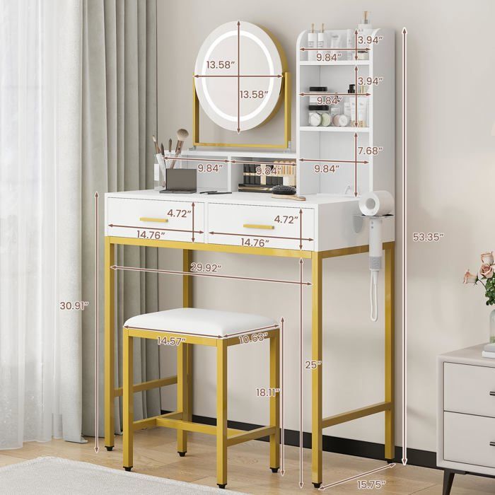 Coiffeuse Moderne avec Miroir LED & 3 Modes Lumineux –2 Tiroirs, 3 ...