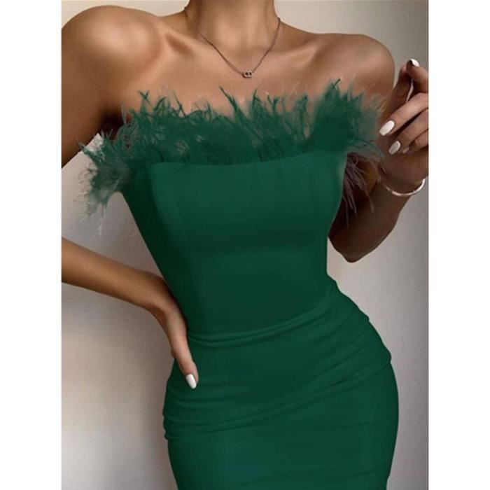 KJEHOME Robe Midi moulante sans bretelles dos nu plumes noire Sexy ...