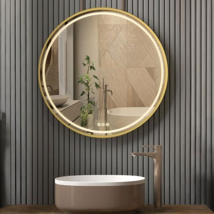 Miroir Salle Bain LED Rond 80cm Miroir Mural Lumineux à Suspendre Doré ...