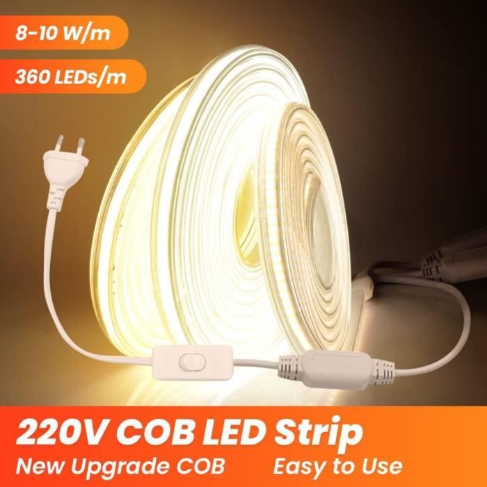 Ruban Led, Cob Bande Led 220V Avec Interrupteur Ip65 Etanche Bande ...