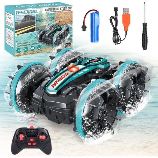 Fesexoul Voiture Télécommandée Amphibie, 4WD 360°Rotation 2.4GHz RC Voiture Tout Terrain Etanche ...