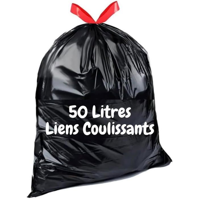 Sac Poubelle 50L Lien Coulissant | 100 Sacs Poubelles 50 Litres Noirs ...