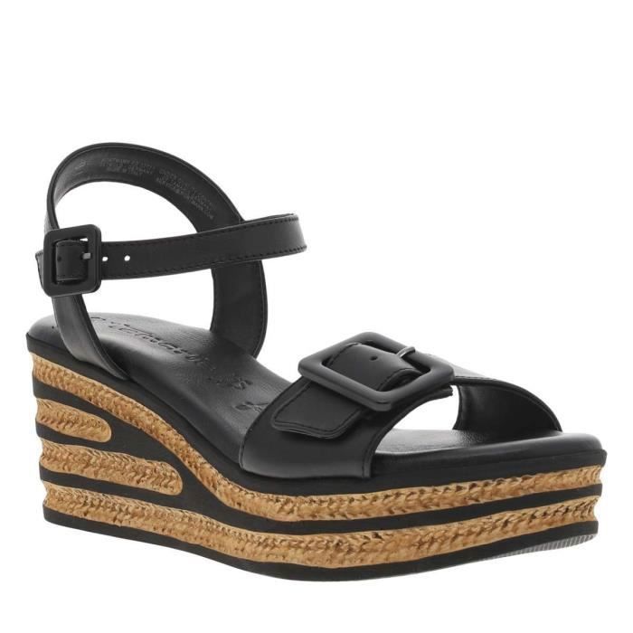 Sandales - TAMARIS - Talon Compensé - Cuir Noir - Boucle de Serrage ...