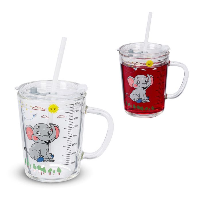 Relaxdays Verre pour enfant en lot de 2, motif d'éléphant, avec anse ...