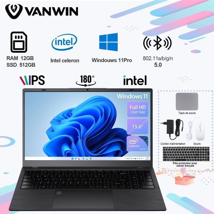 PC Portable - VANWIN - 15.6" FHD 16GB DDR4 512GB SSD - Intel Celeron N5095 (Up to 2.9GHz ...
