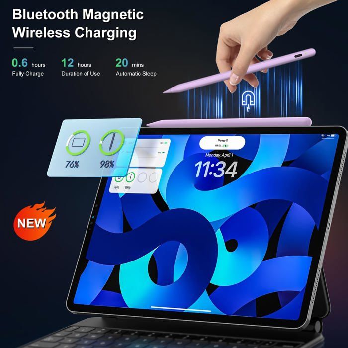 Stylet iPad violet rejet paume inclinaison, magnétique Bluetooth iPad 6 ...