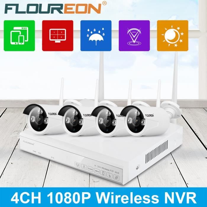 Floureon IP Caméra de Sécurité Blanc 4CH Sans Fil CCTV 1080 P DVR Kit ...