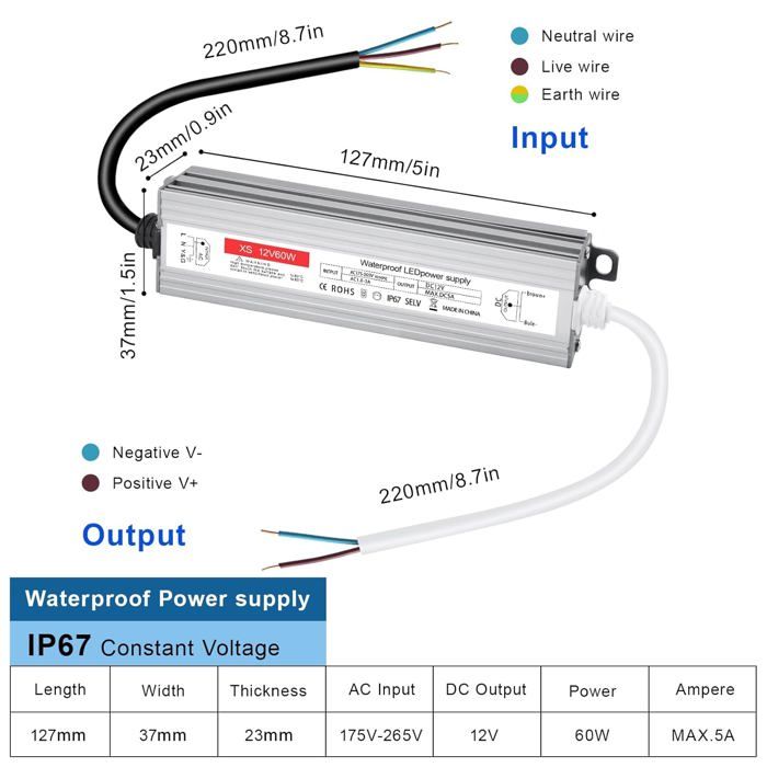 Transformateur 220V 12V LED 60W, alimentation 12v 60w 5A, led driver ...