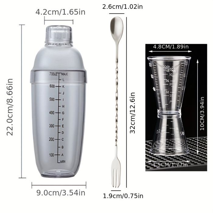 -Ensemble shaker à cocktail 3 pièces avec tasse à mesurer graduée et ...