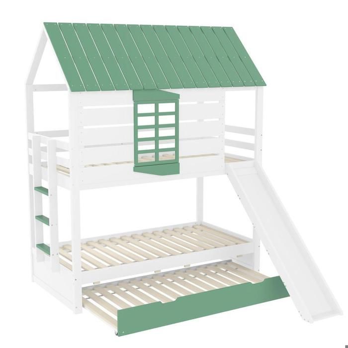 Lit cabane enfant 90x200 cm, avec toboggan et lit gigogne, lit ...