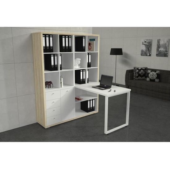 MINI OFFICE Ensemble Bureau et étagère140x180x134cm blanc décor chêne ...