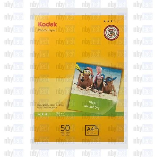 Papier photo brillant Kodak Jet d'encre 50 feuilles A4 (29,7 x 21,1 cm ...