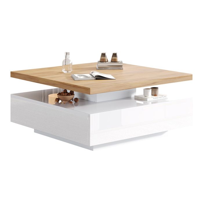 Table Basse Rotative Multifonction avec Plateau Pivotant 360°, Tiroirs ...