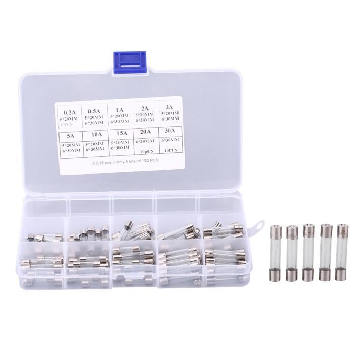Tube de fusible en verre Fusibles de Tube de Verre, 100pcs 5*20mm 6*30mm Assortiment Kit de Tube ...