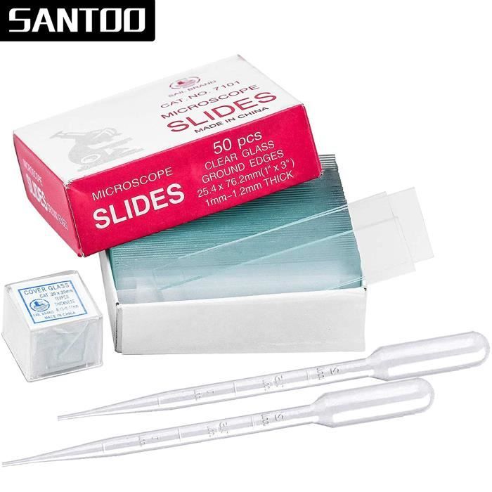 50 lames de microscope, 100 lamelles de verre et 2 gouttes en plastique ...