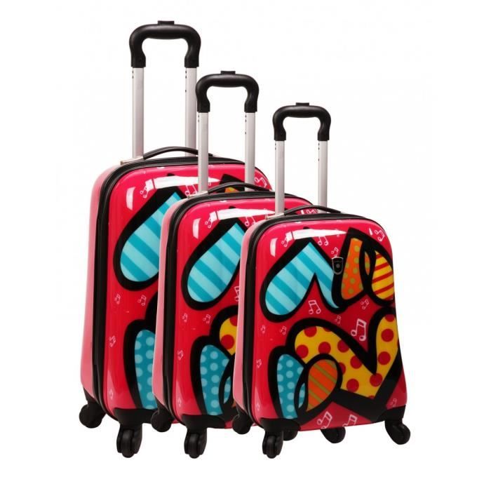 Set de 3 valises 4 roues original robust china cœur fuchsia