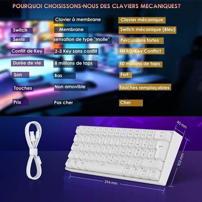 Clavier Gaming Mécanique PC TKL Gamer Clavier de Jeu Filaire AZERTY, 60 ...