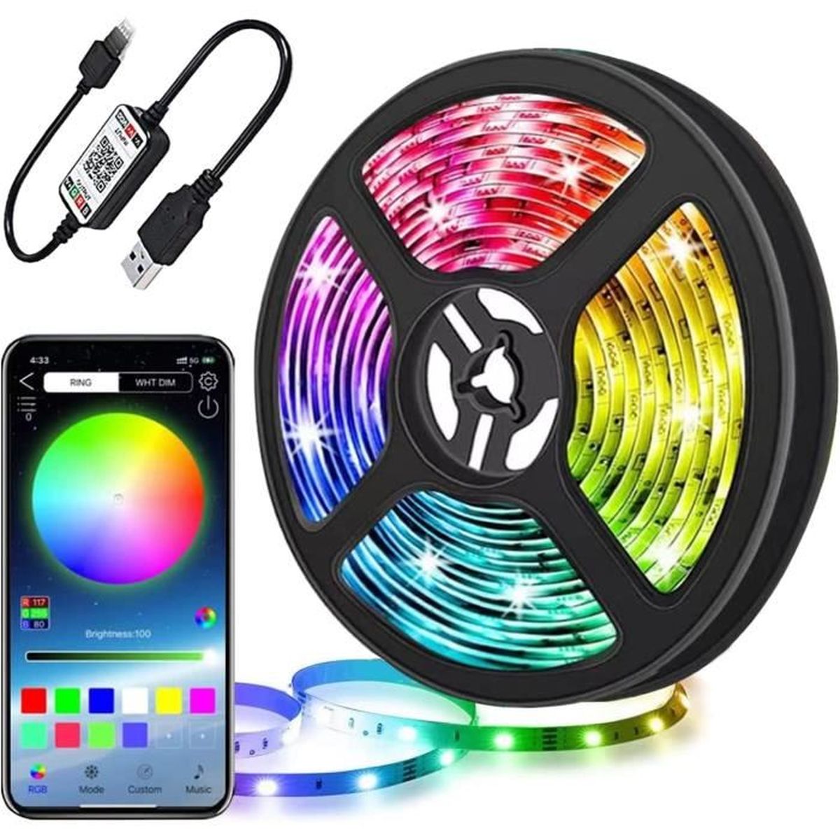 Bande LED RGB 5050 4M, IP65 Étanche Rétroéclairage Sync avec Musique ...