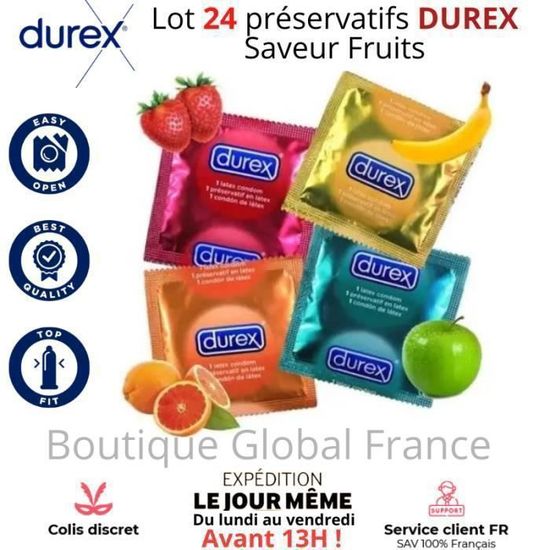 24 Préservatifs Durex Parfumés Fruités Fraise Banane Pomme Orange ...