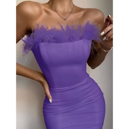 Kjehome Robe Midi Moulante Sans Bretelles Dos Nu Plumes Noire Sexy