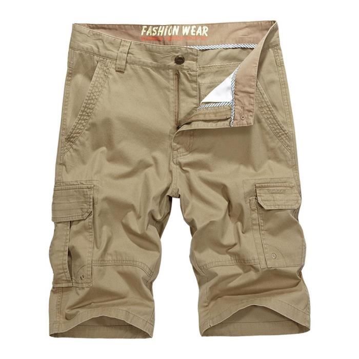 Short bermuda homme coton casual bermuda multi-poches solide couleur ...
