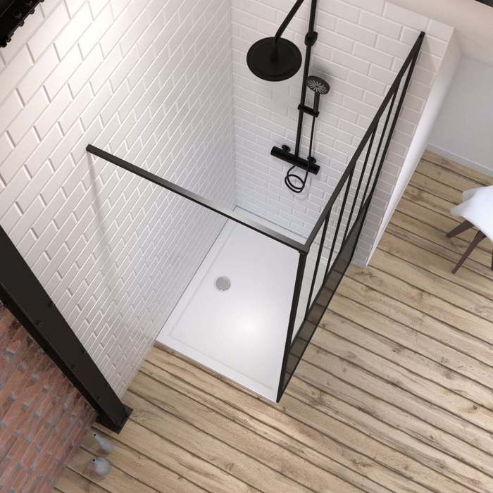 Pack Paroi de douche 100x200 CM NOIR MAT - VERRE TREMPE 5 mm + RECEVEUR ...