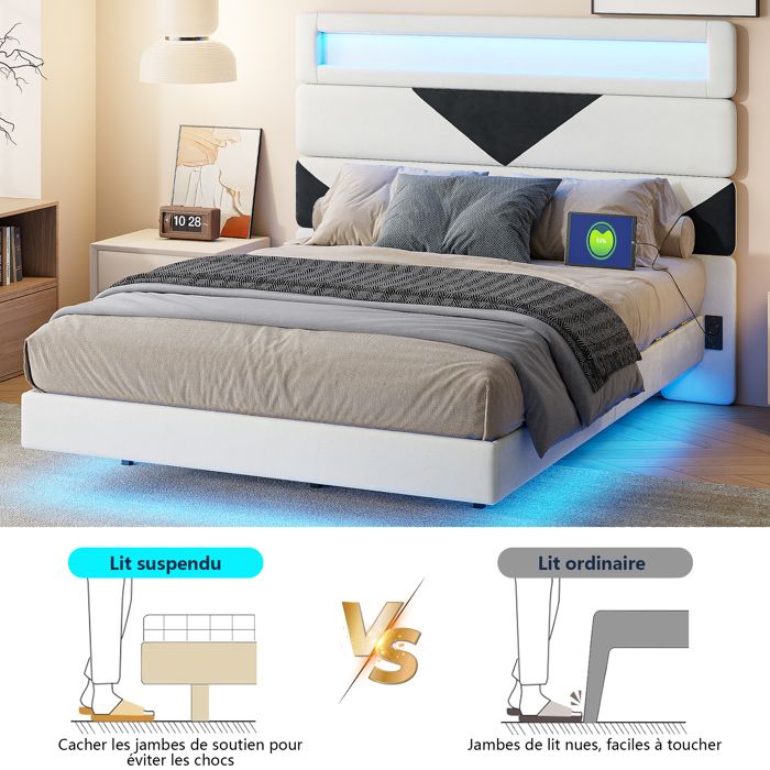 Structure de Lit Flottant 140x190 cm avec LED et prise USB, Lit double ...