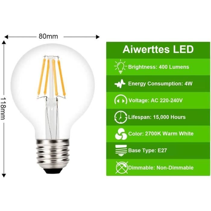 E27 Ampoule Edison Retro 4W Globe G80 Ampoule Filament Led Équivalent Ampoule Incandescente 40W ...