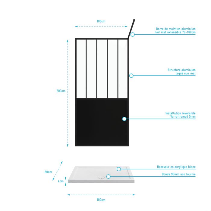 Pack Paroi de douche 100x200 CM NOIR MAT - VERRE TREMPE 5 mm + RECEVEUR ...