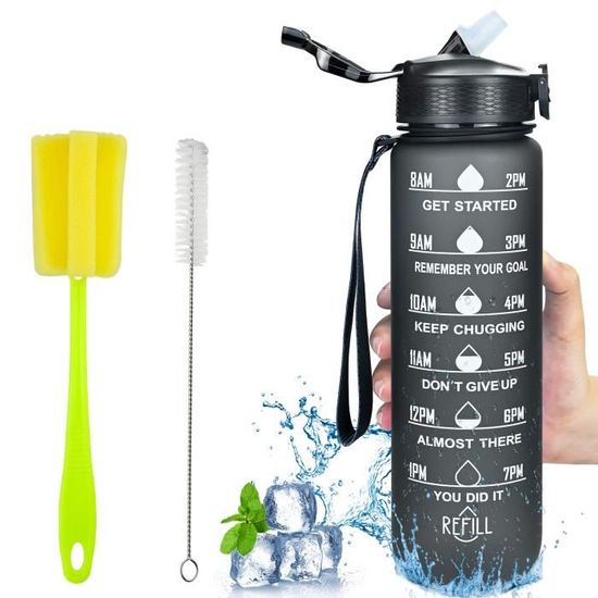 Bouteille d'eau de 1 litre avec paille,YANSION Bouteille d'eau de motivation avec marquage du ...