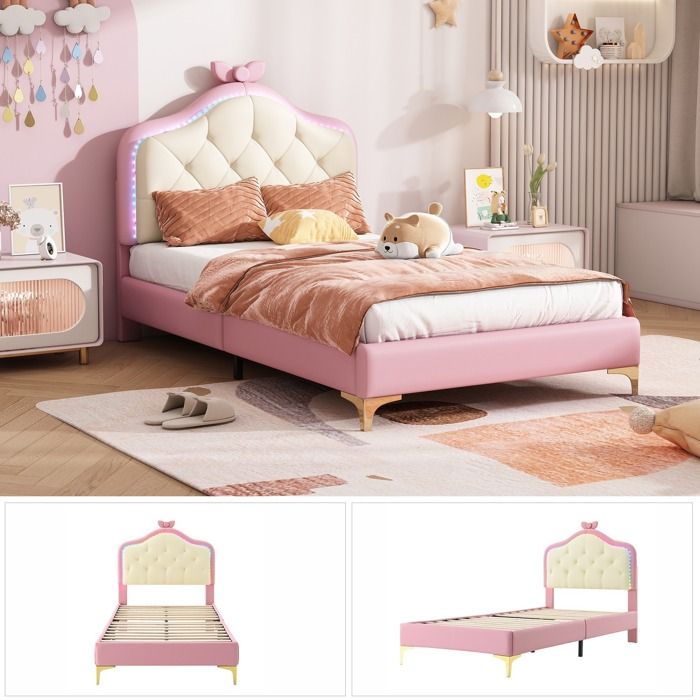 Lit capitonne fille 90x200cm avec des bandes LED multicolores ...