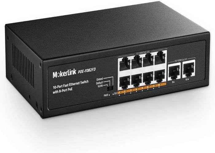 10 Port Poe Switch, 8 Poe+ 100 Mbps, 2 Fast Ethernet Uplink, 96W 802.3Af/At, Métal, Sans ...