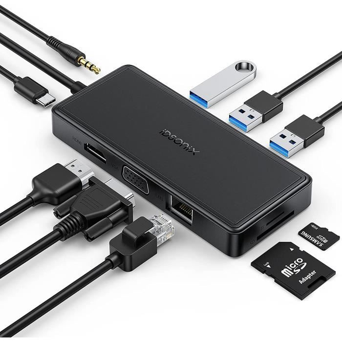 IDsonix Hub USB C 10 en 1, Adaptateur Station d'accueil avec HDMI 4K, Ethernet, VGA, 100W PD, 3 ...