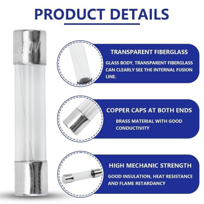 25Pcs Fusible En Verre À Fusion Rapide 6 * 30Mm 250V 10A Kit De Combinaison De Fusibles De Tube ...