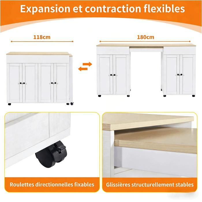 Table extensible moderne (118-180×50×94cm), table à manger extensible ...