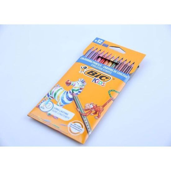 BIC 950522 Kids Evolution Rayures Crayons de couleur – Couleurs assorties (Lot de 12 ...