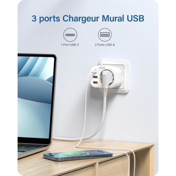 Prise USB Secteur PD 20W, Chargeur Type C+ QC3,0 Multiprises avec 1 ...