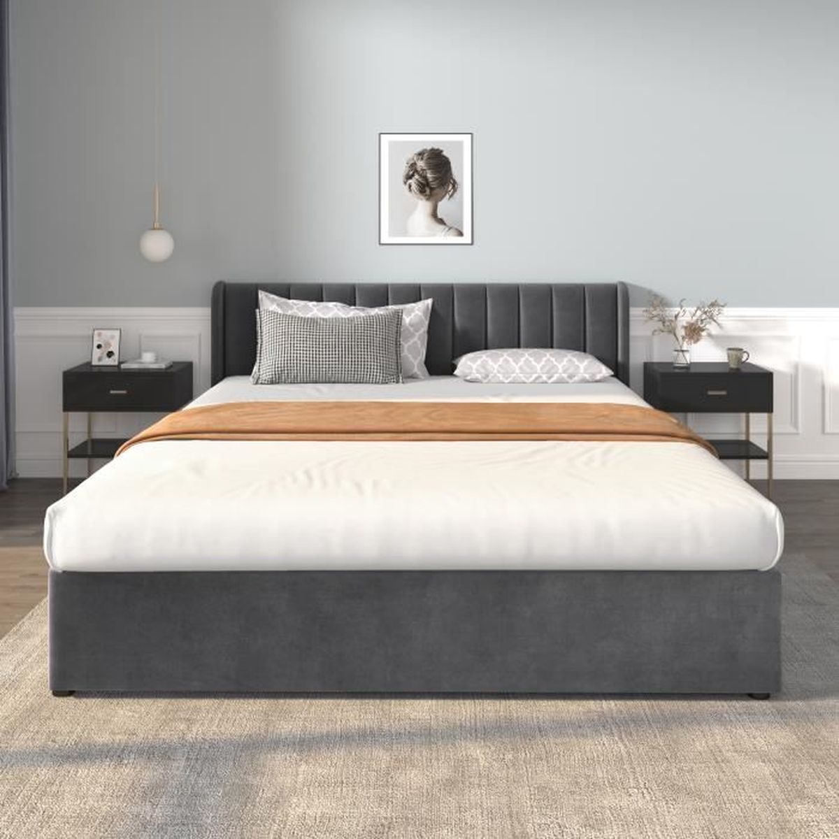 Lit adulte 180x200 cm avec sommier à lattes, lit rembourré avec 2 ...