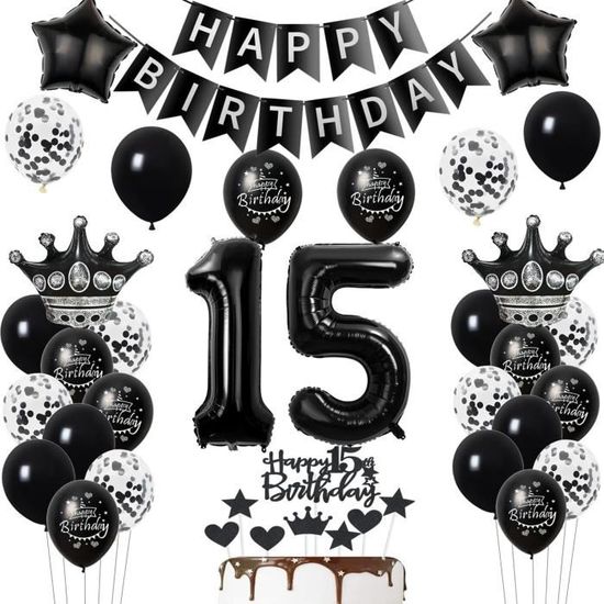Ballon 15 Ans Anniversaire Noir, 15 Anniversaire Fille Garcon Ballon ...