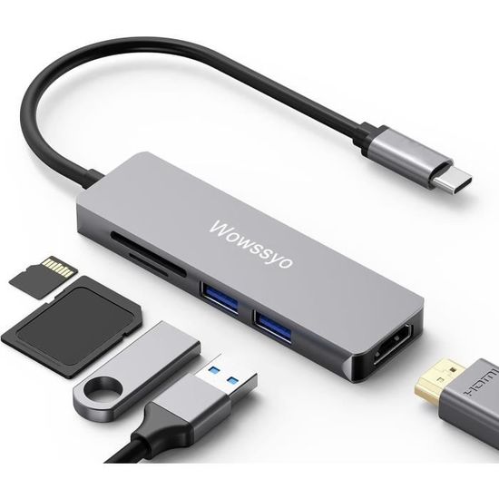 Hub Usb C 5 En 1, Adaptateur Usb C En Aluminium Pour Macbook Pro-Air, Hdmi 4K, Lecteurs Sd Et Tf ...