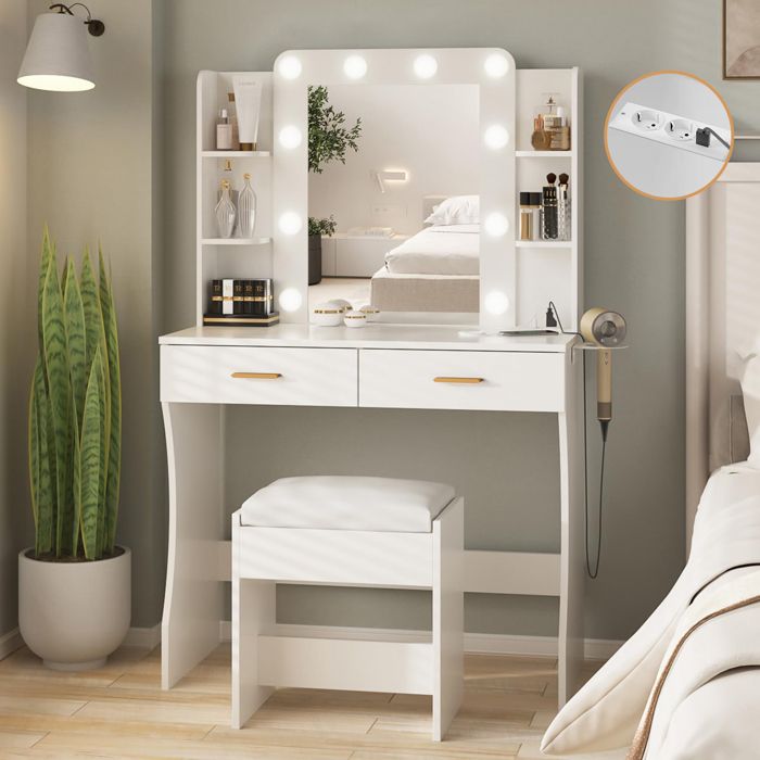Coiffeuse avec Miroir LED et Tabouret - NHHF - 85x40x140 CM - 3 Modes D ...